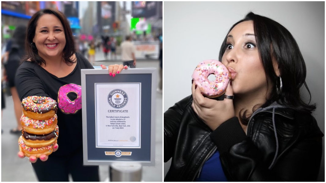 NYC comedian breaks sweet record for tallest stack of doughnuts in just ...