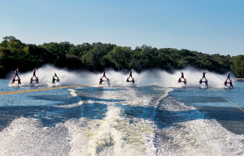 Most barefoot water skiing pyramids towed behind a single boat ...